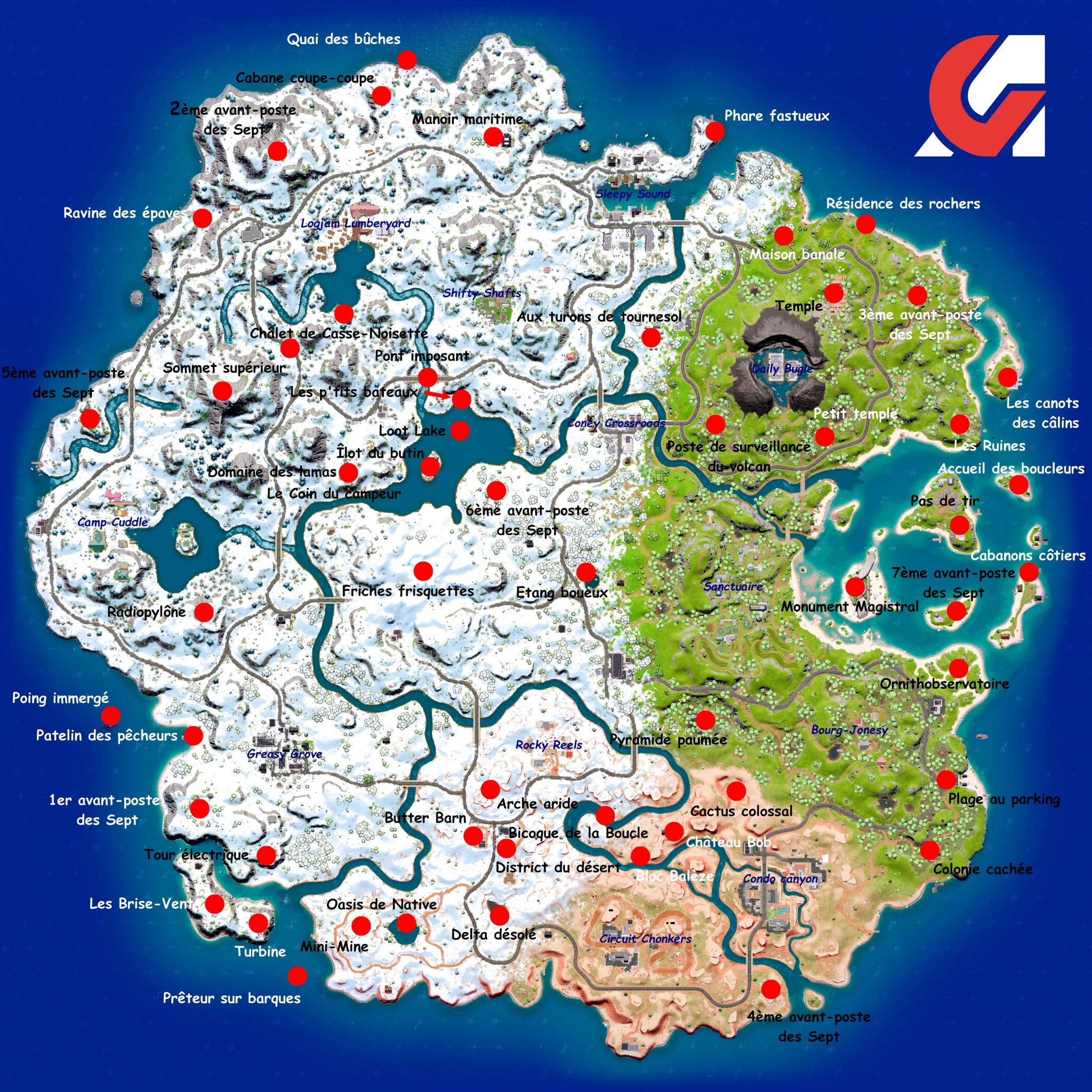 Tous les lieux notables de l'île en français | Guide Fortnite Chapitre ...