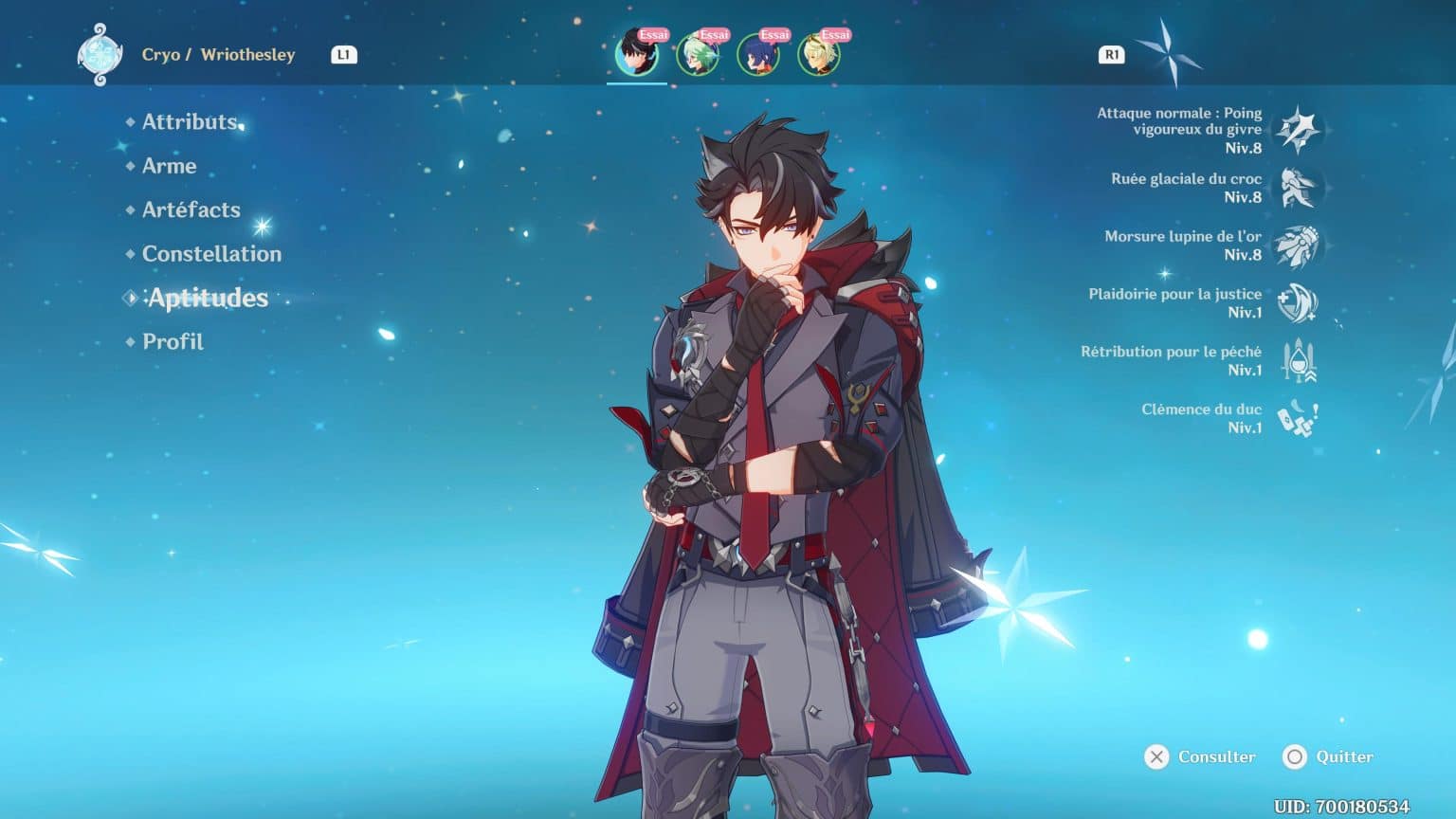 Wriothesley : Set, build, capacités, stats | Guide Genshin Impact