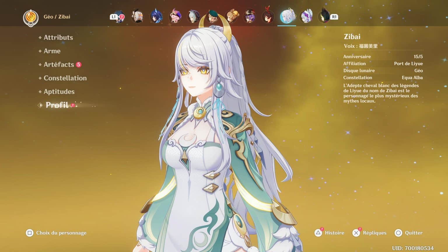 Zibai : Set, build, capacités, stats | Guide Genshin Impact